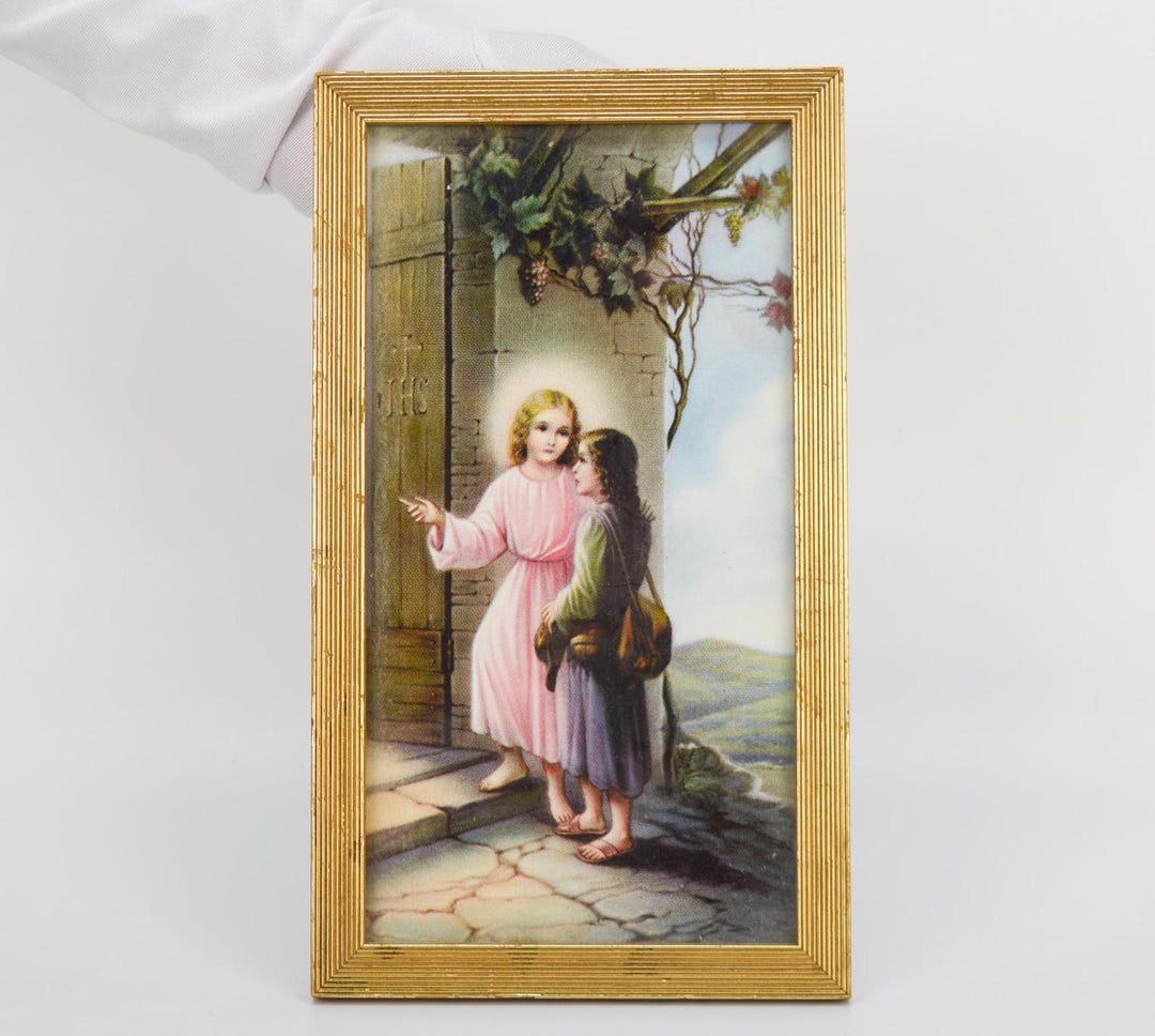 Antique Framed Prayer Card: Child Jesus Inviting Girl, Christian Decor ...