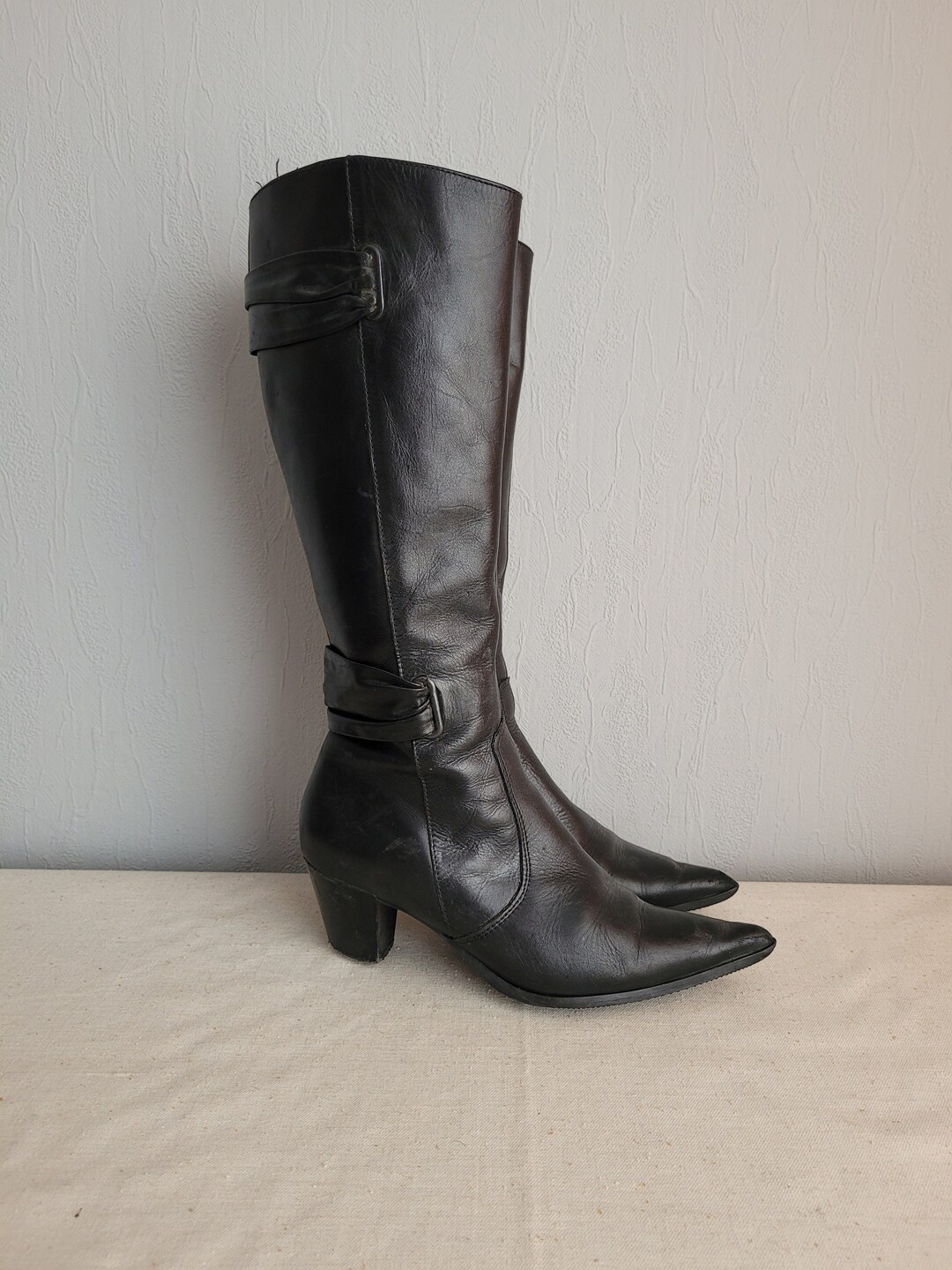 Vintage Black Leather Winter Tall Knee Boots for Women With Pointy Toes ...