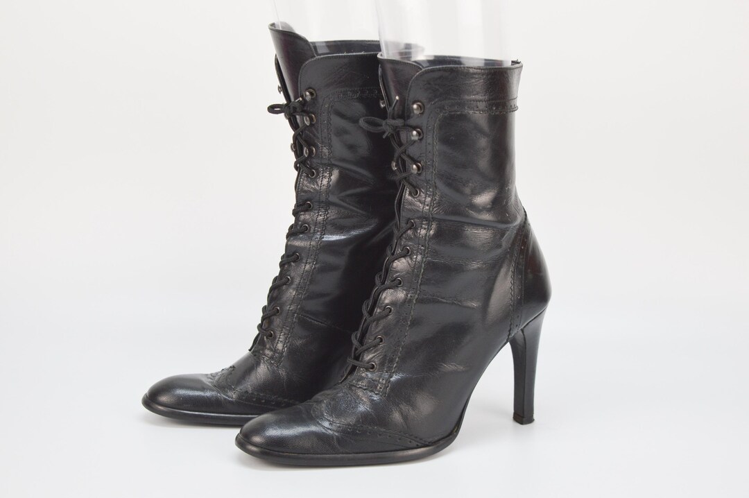 Leather Victorian Lace up Ankle Boots in Black | Wingtip Brogue Pointy ...