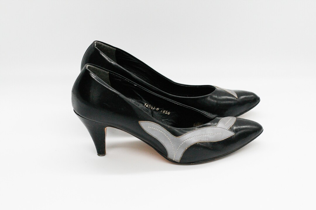 Vintage Leather Pumps in Black and Grey / Cone Heel Women Shoes / Size ...