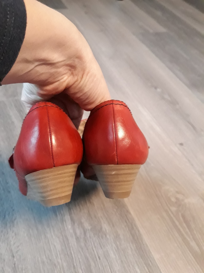 Vintage Women Red Leather Wedge Strap Shoes European German 4 - Etsy