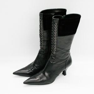 Leather Lace up Mid Calf Boots in Black Victorian Inspired Pointy Toe ...