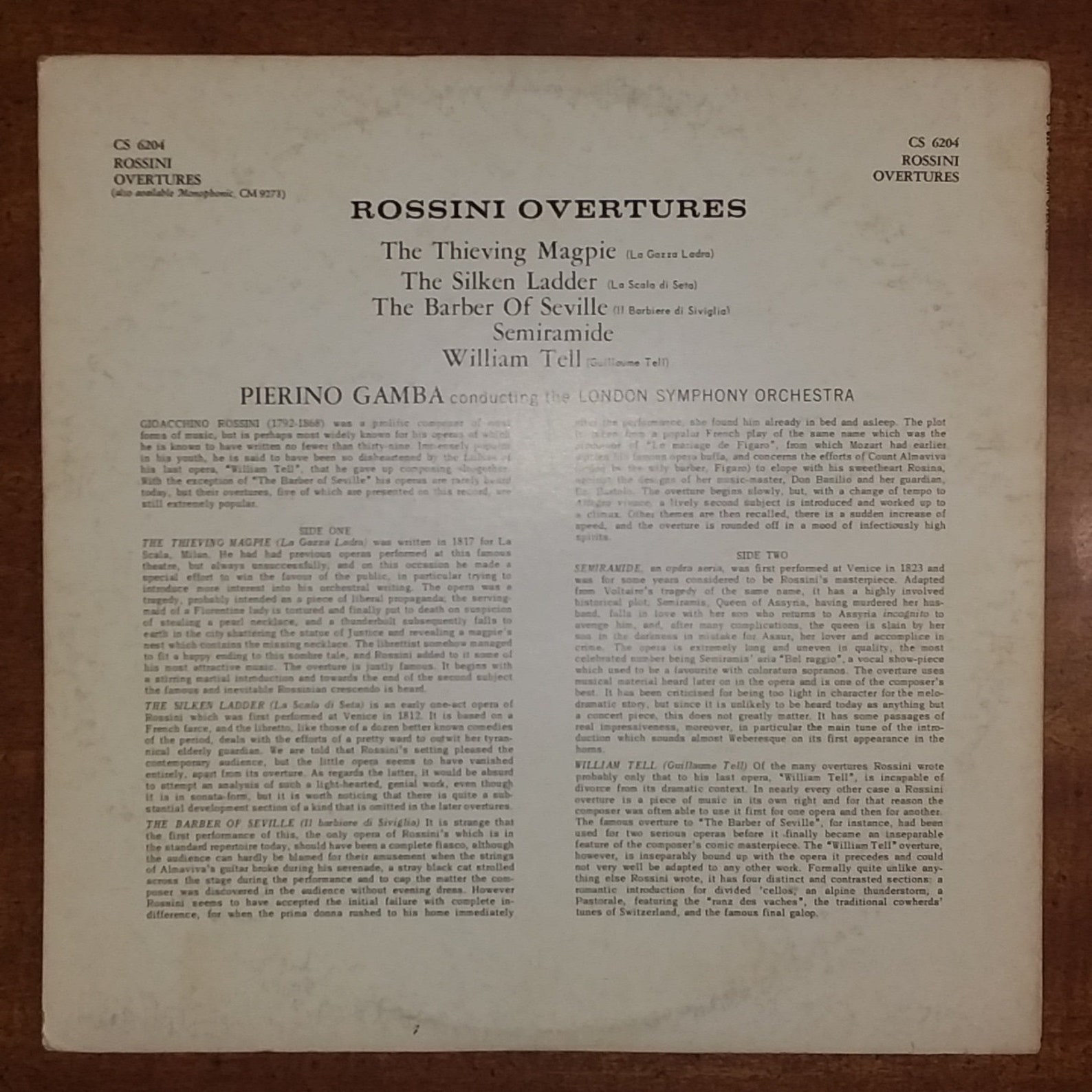 Pierino Gamba, London Symphony Orchestra - Rossini Overtures CS-6204 ...