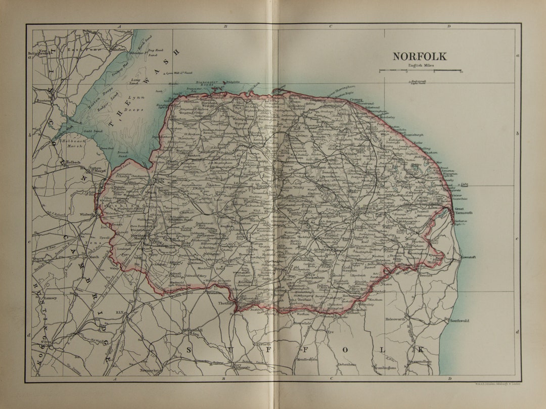 NORFOLK Antique, Original Lithograph Map of Norfolk. Printed in 1889 by ...