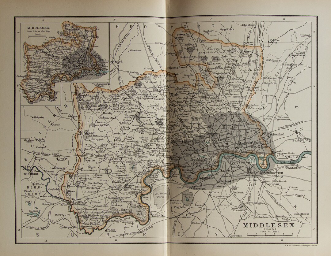 Antique, Original Lithograph Map of Middlesex. Printed in 1889 by W ...
