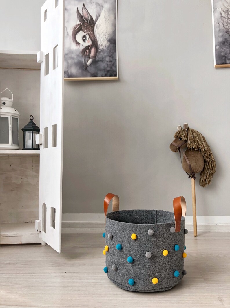 Felt Storage Basket Kids Laundry Hamper Round Felt Pom Pom - Etsy
