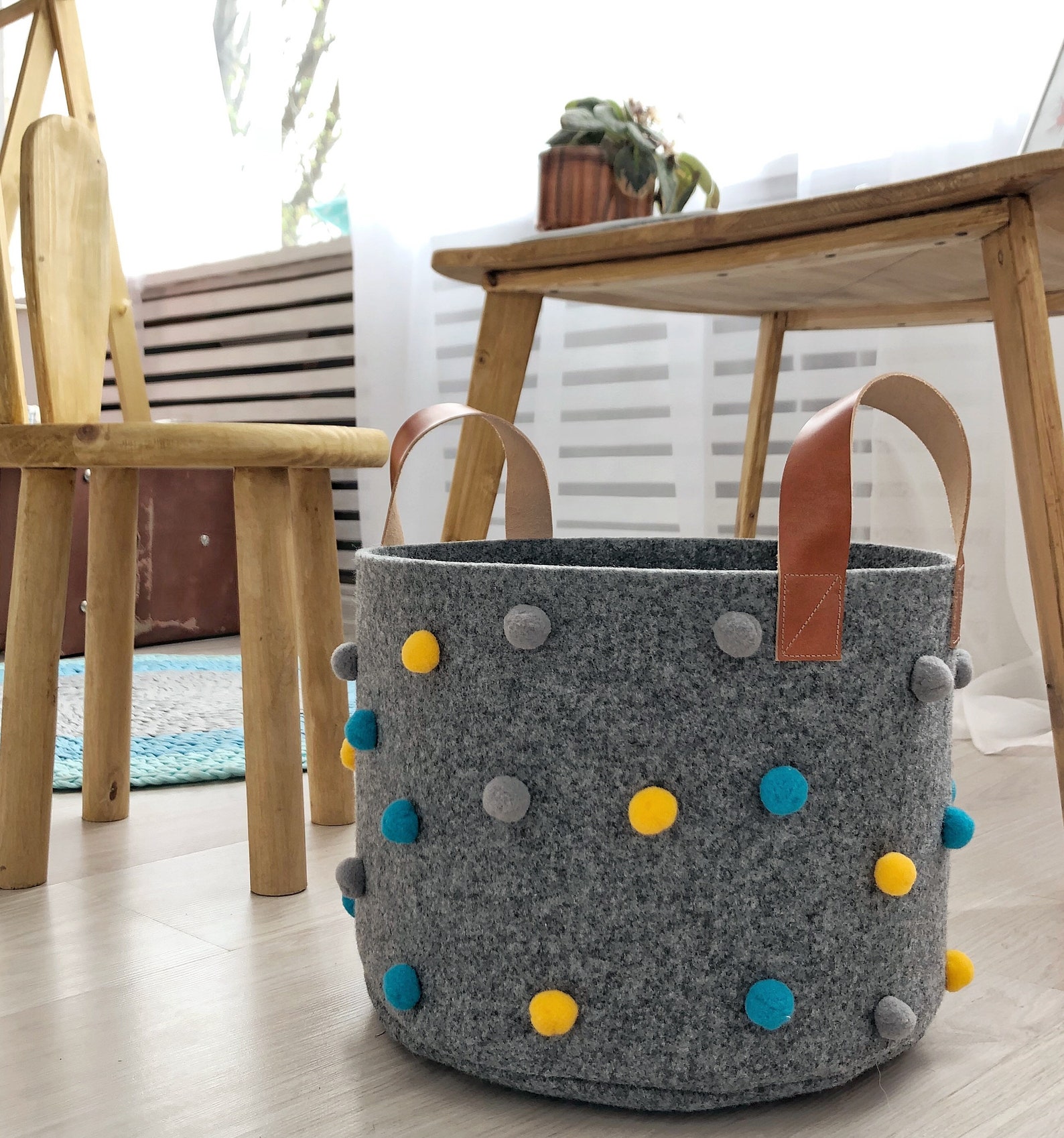 Felt storage basket Kids laundry hamper Gray felt Pom Pom | Etsy