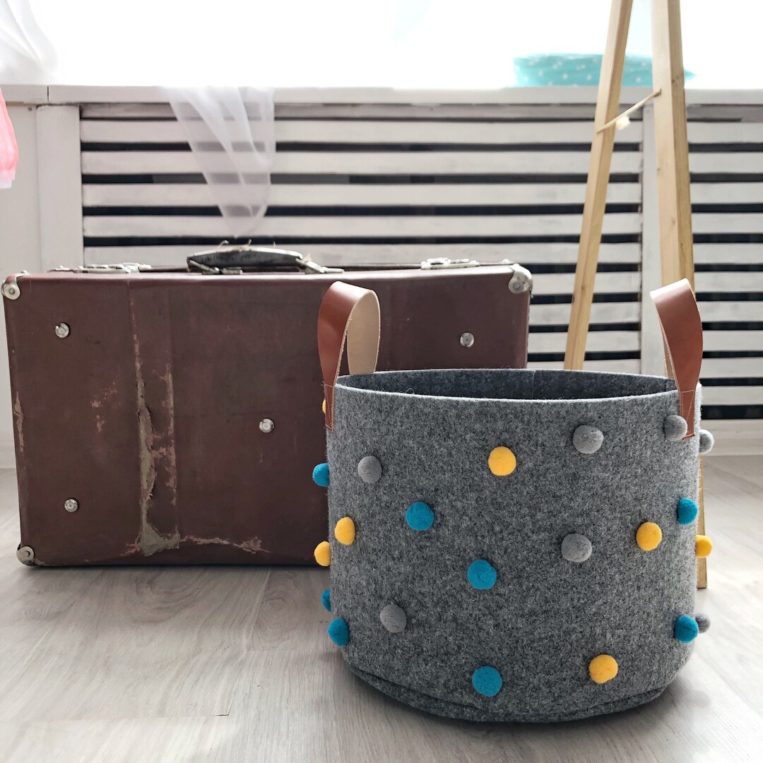 Felt Storage Basket Kids Laundry Hamper Round Felt Pom Pom - Etsy