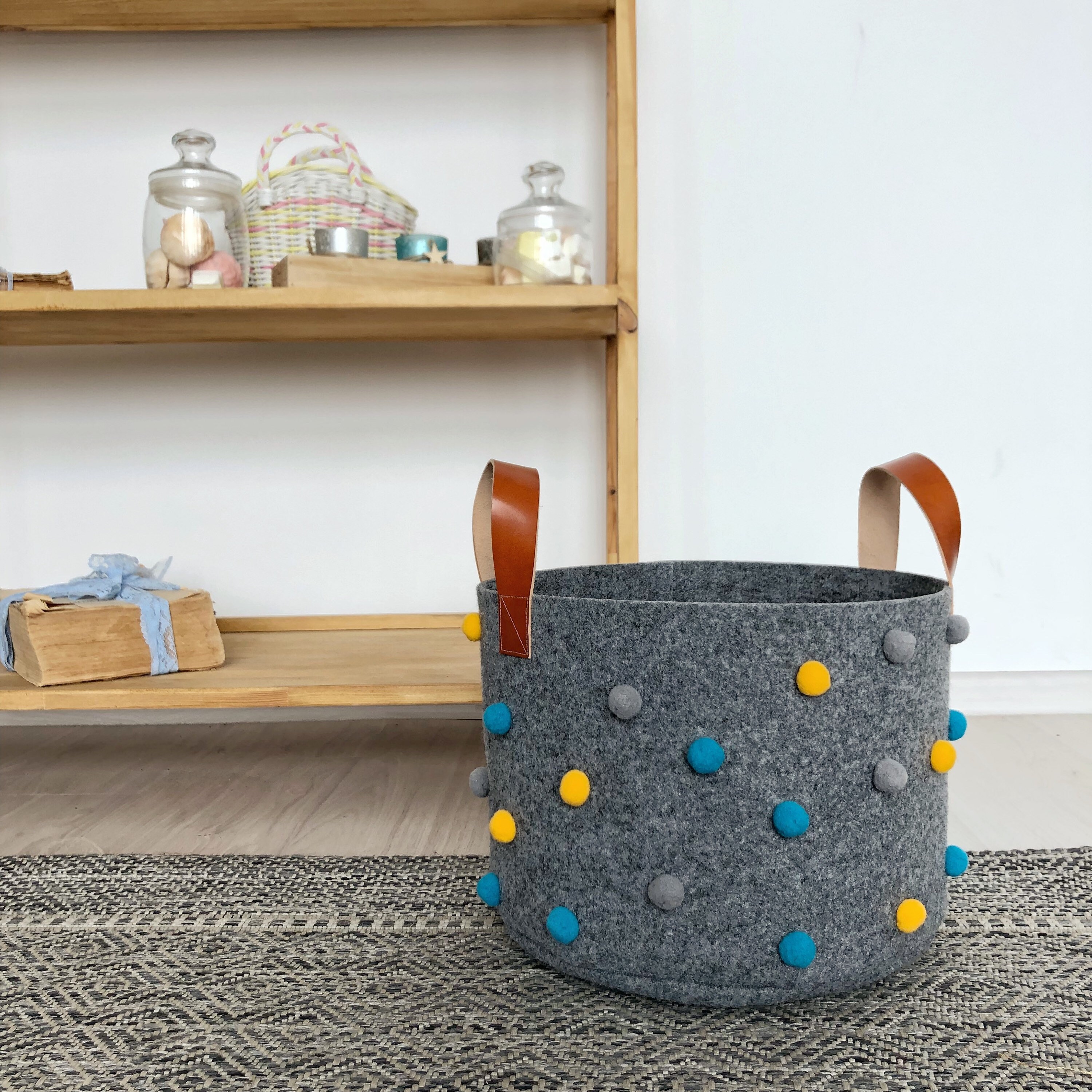 Felt storage basket Kids laundry hamper Gray felt Pom Pom | Etsy