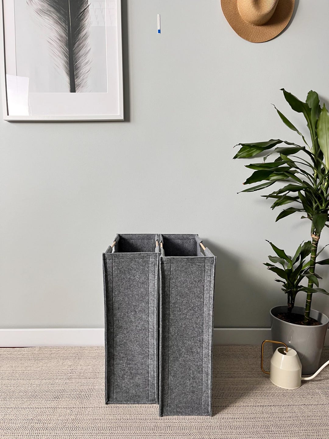 Narrow W 8,5" and H 29" Felt Laundry Hamper With Wooden Handles - Etsy