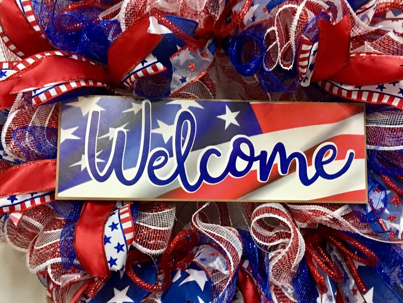 Patriotic Welcome Wreath: Red White Blue Deco Mesh, 4th of July Decor ...