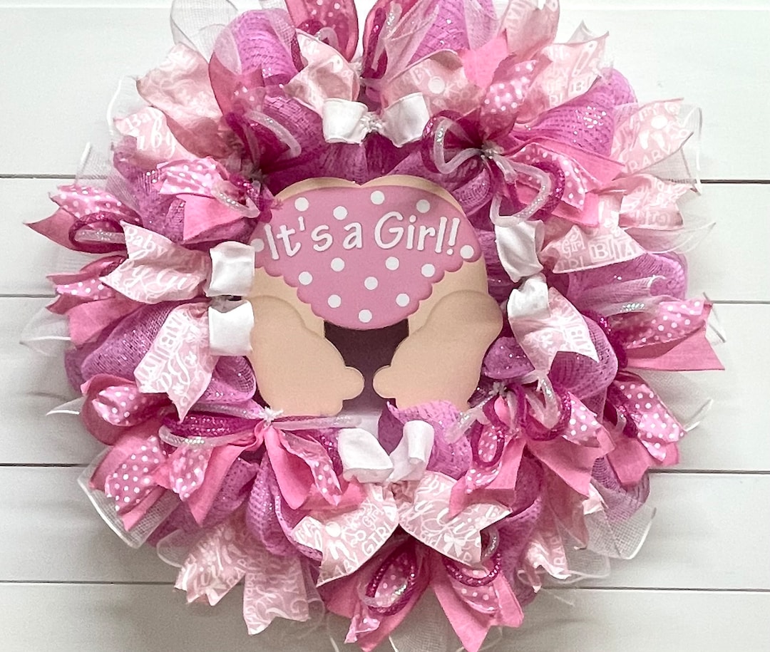 Baby Girl Wreath for Front Door, Deco Mesh Wreath, Baby Shower Decor ...