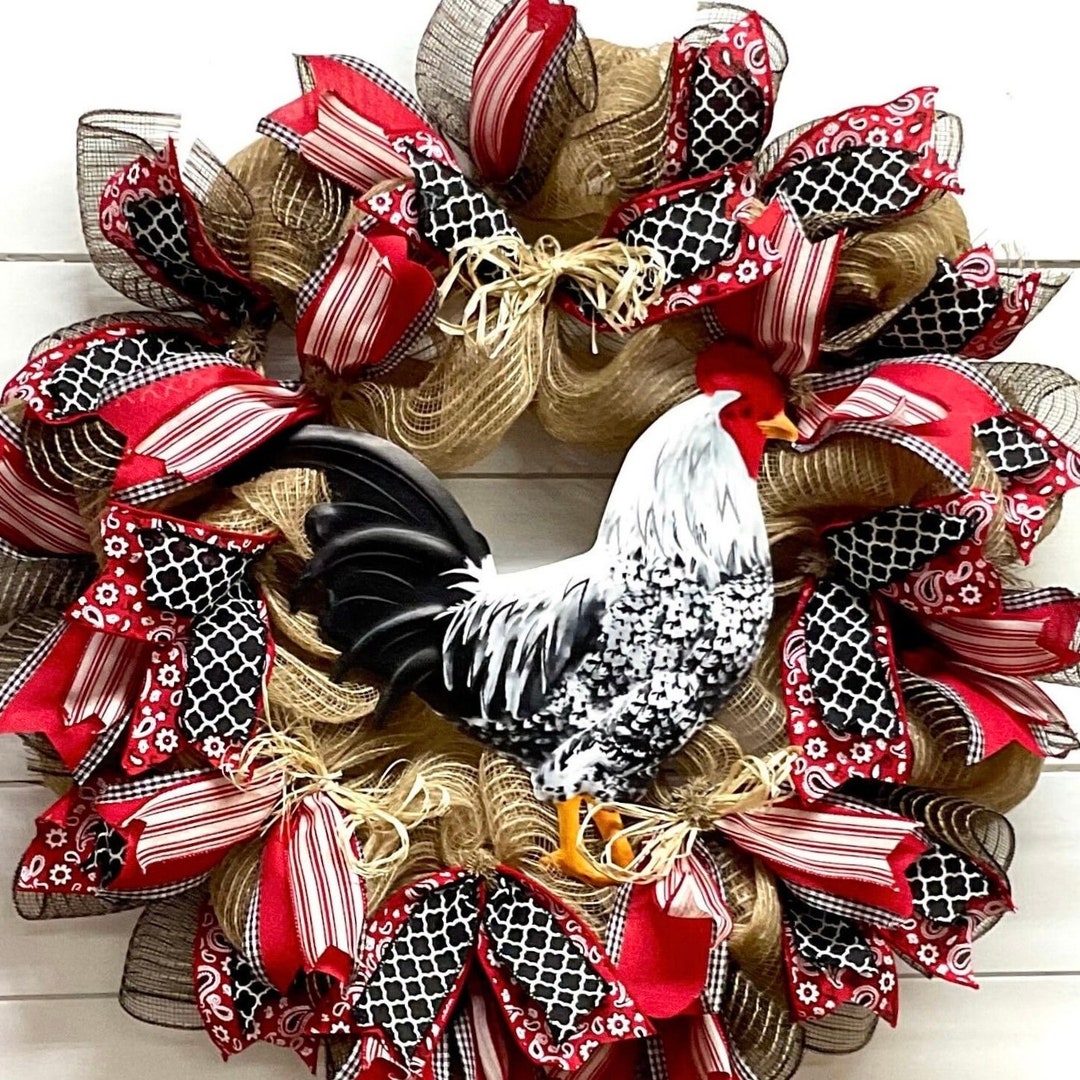 Rooster Wreath for Front Door, Deco Mesh Wreath, Farmhouse Wreath ...