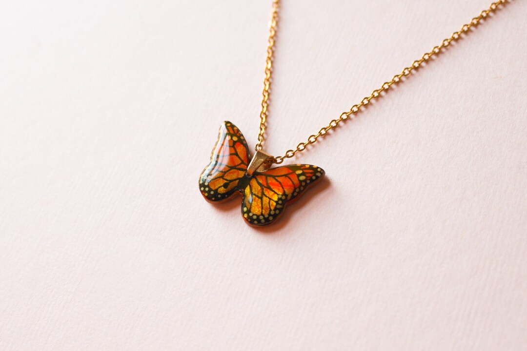 Monarch Butterfly Moth Polymer Clay Necklace Shimmery Statement Dainty ...