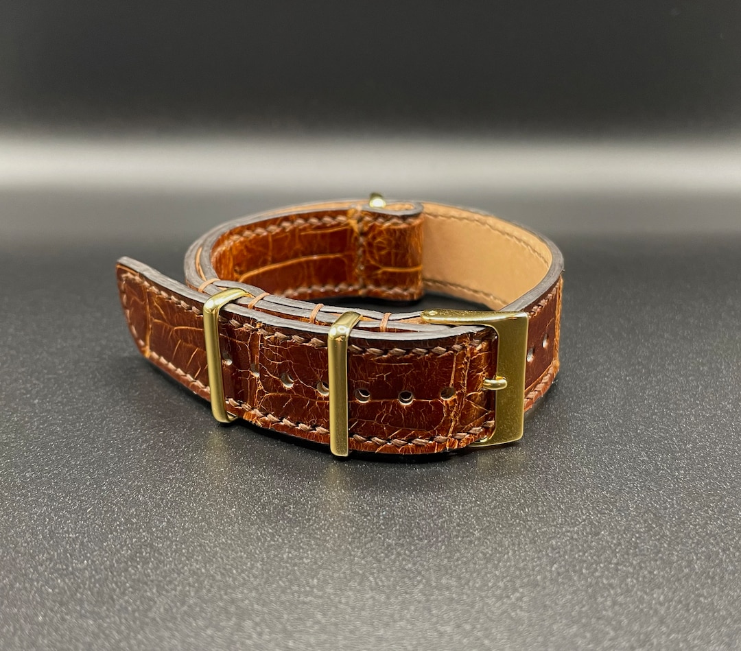 Genuine Alligator Skin NATO Watch Strap Cognac With Polished Brass ...