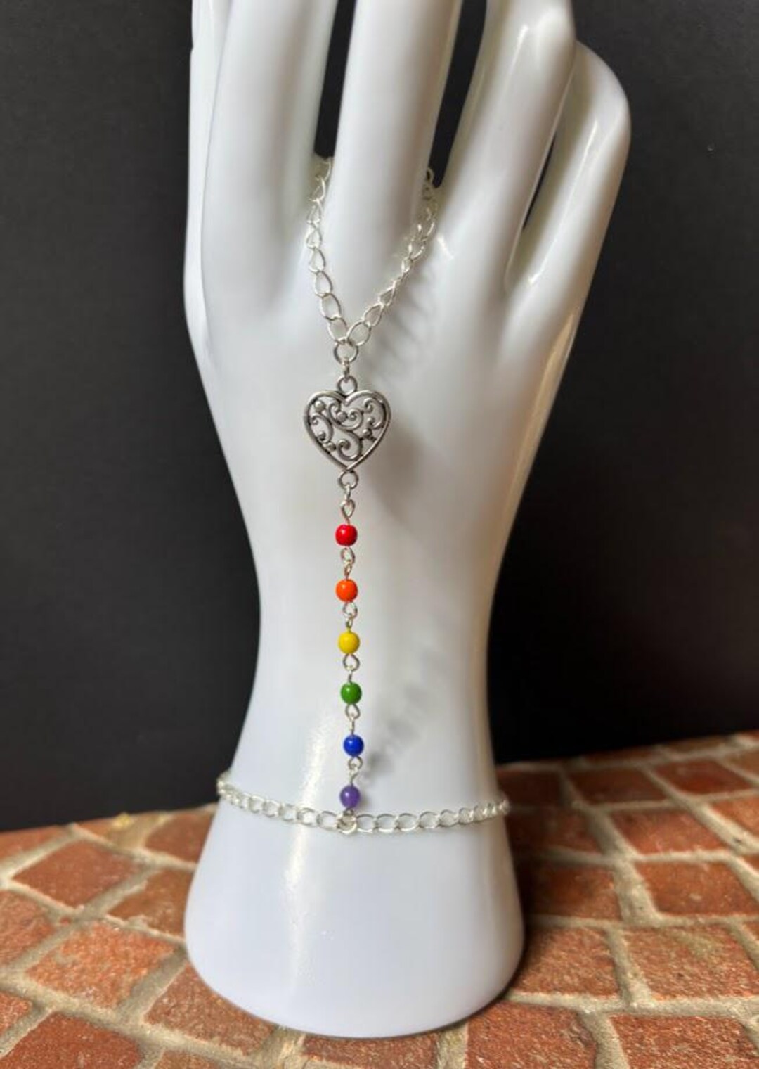 Rainbow Unisex Boho Minimalist Hand Chain With Heart Link, ROYGBV Czech ...