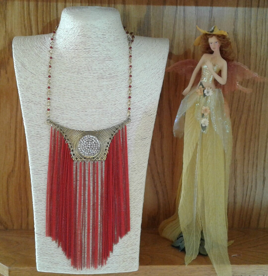 Red and Gold Long Pendant Necklace, Tassel Necklaces, Bohemian Jewelry ...