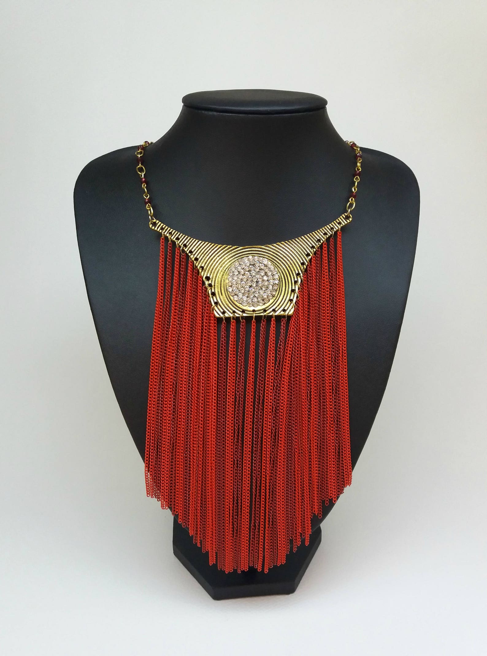 Red and Gold Long Pendant Necklace, Tassel Necklaces, Bohemian Jewelry ...