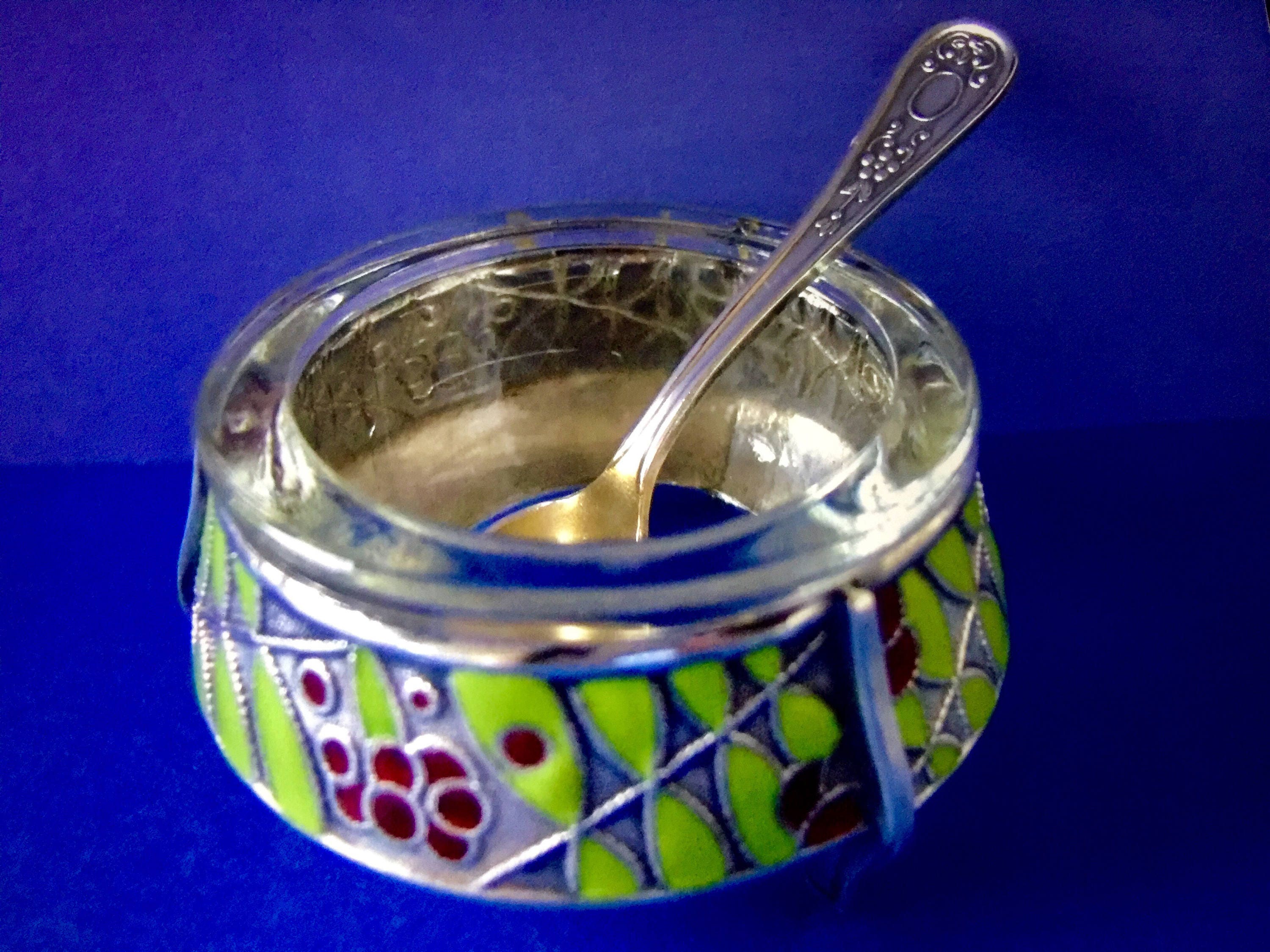 Russian Hommet Silver and Enamel Salt with original spoon