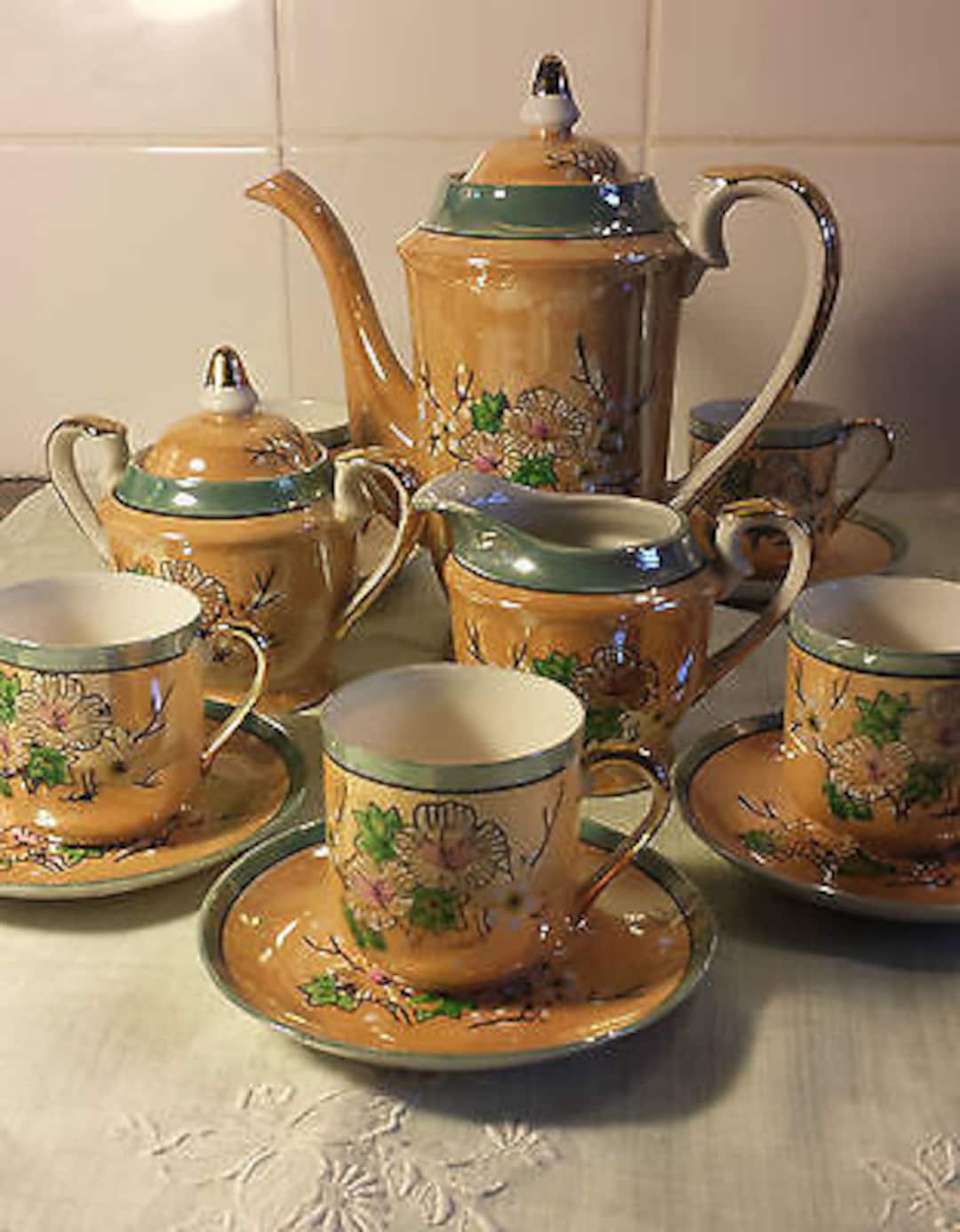 Vintage Hand Painted Japanese Tea Set - Stunning Flowers on a Peach ...