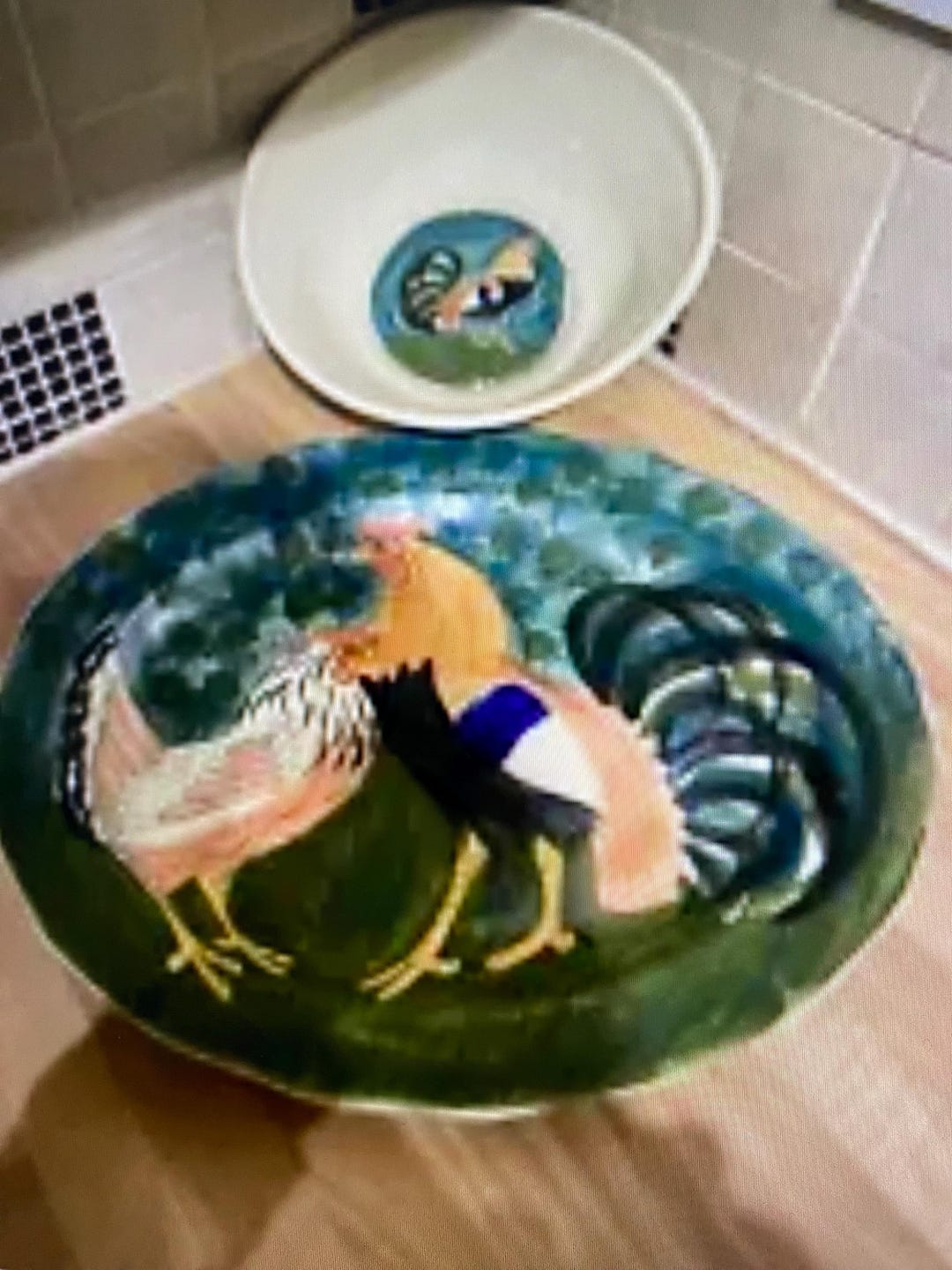 Vintage Cockerel Oxney Green Large Serving Plate/platter and Extra Bowl ...