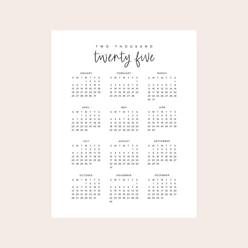 2025 Yearly Calendar Printable - Minimal Year at A Glance Calendar ...