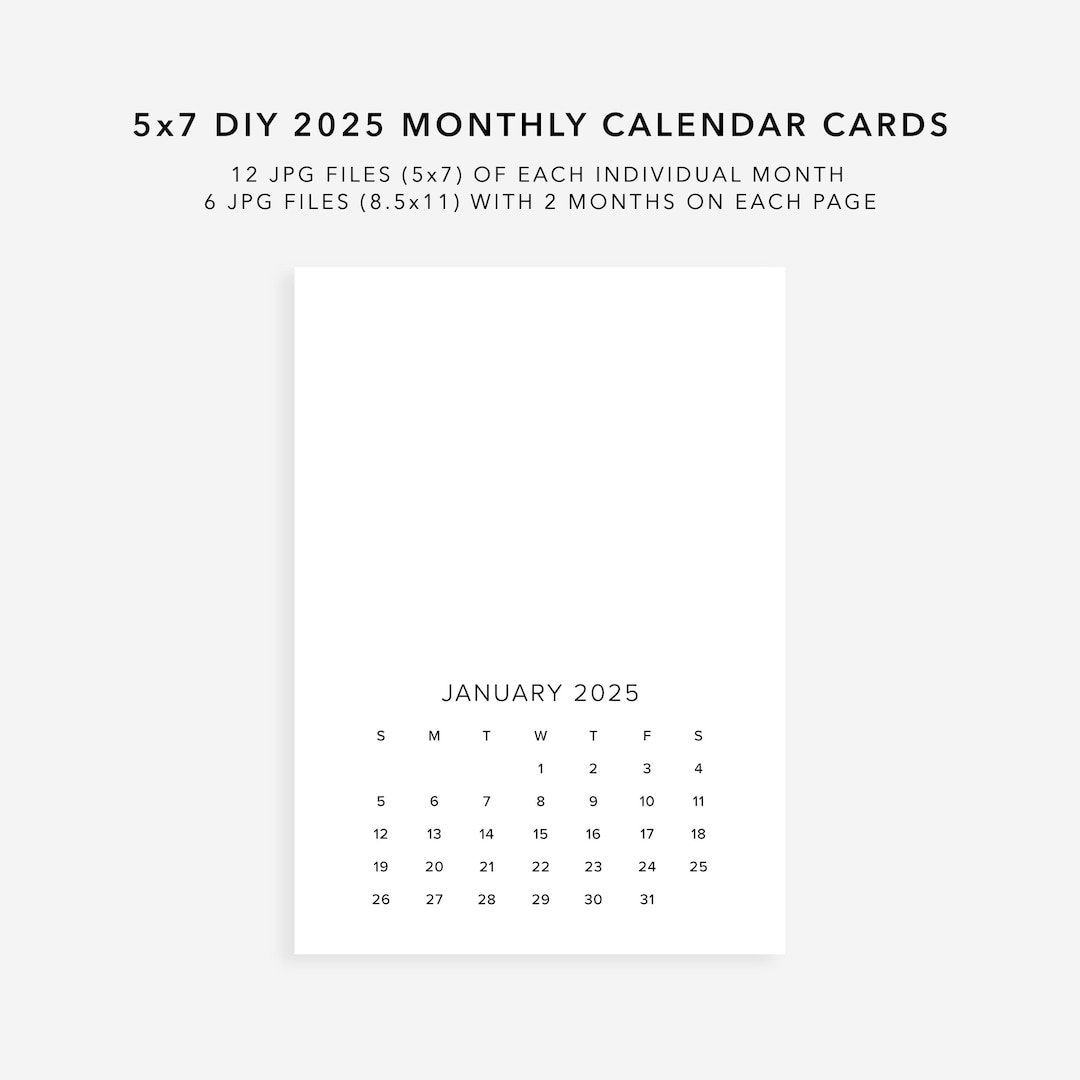 2025 Printable 5x7 DIY Monthly Calendar -month to Month Calendar Cards ...