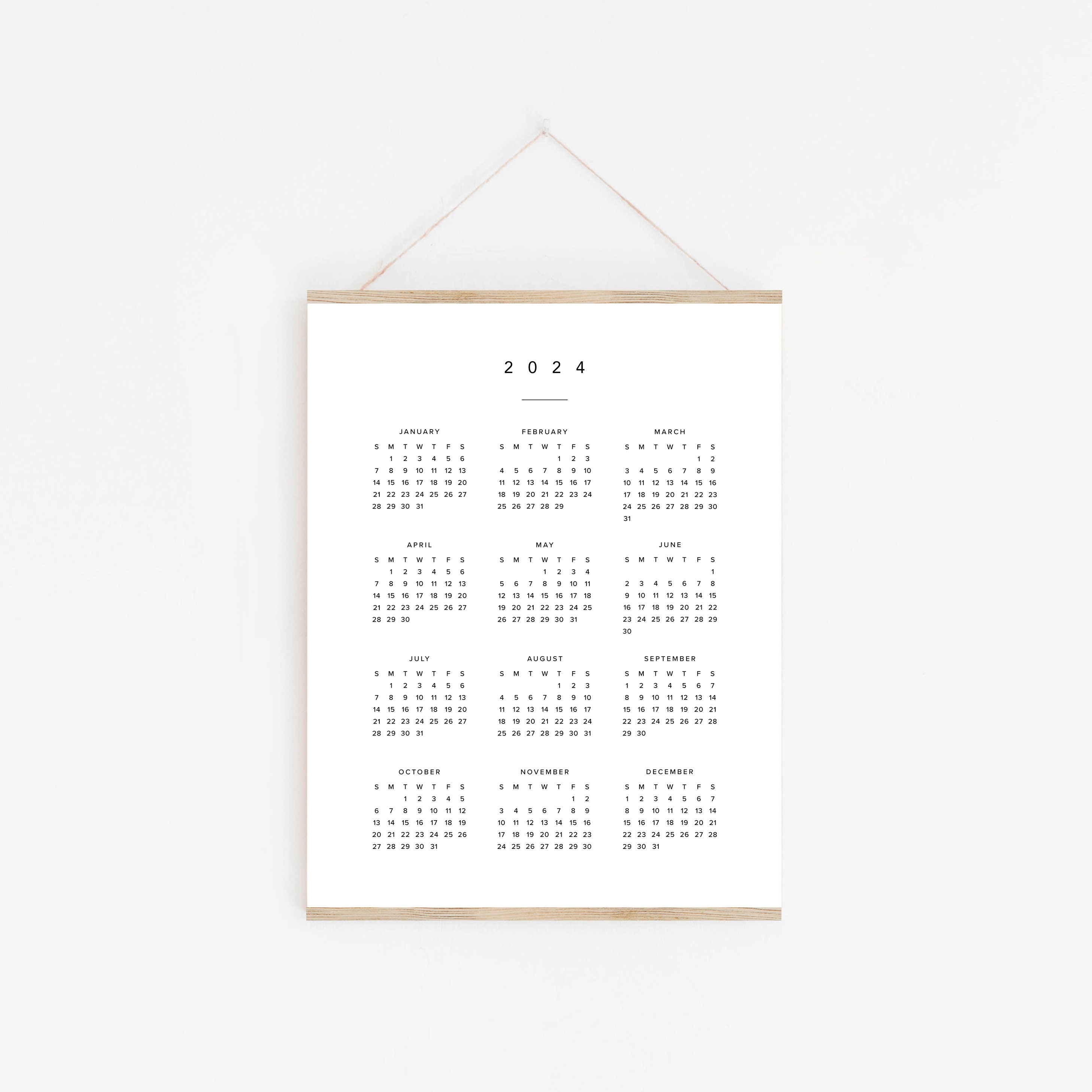 2024 Printable Yearly Calendar, Minimal Large Digital Year at a Glance ...