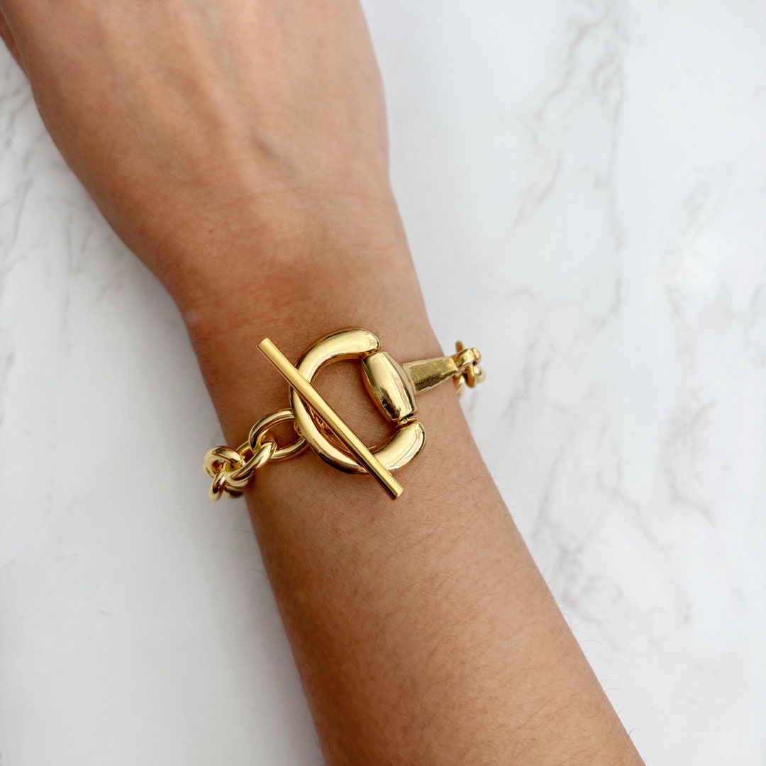 Chunky Gold Snaffle Bit Toggle Bracelet | Gold Horsebit Chain Bracelet ...