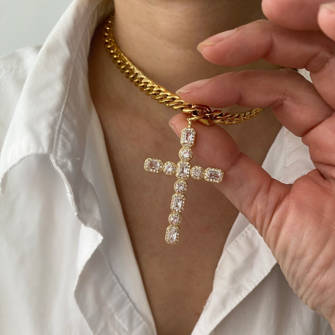 24K Gold Chunky Chain Cross Necklace: Cubic Zirconia Statement Choker ...