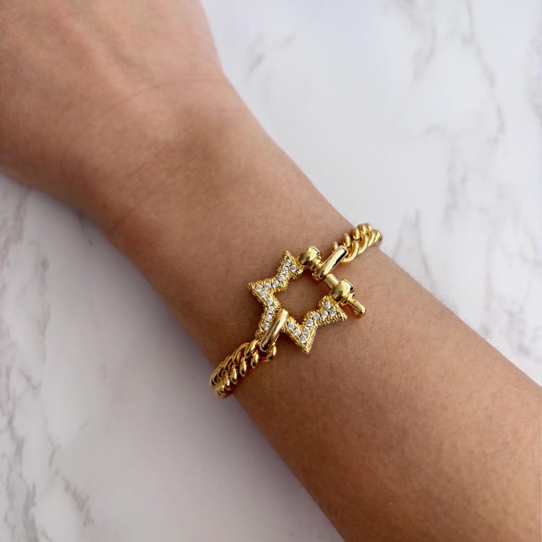 Gold Star Shackle Stacking Bracelet | Gold Paperclip Link Chain CZ ...