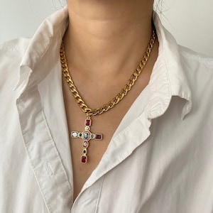 Colorful Gem Cross Necklace | Large Oversized Cross Necklace | Chunky ...