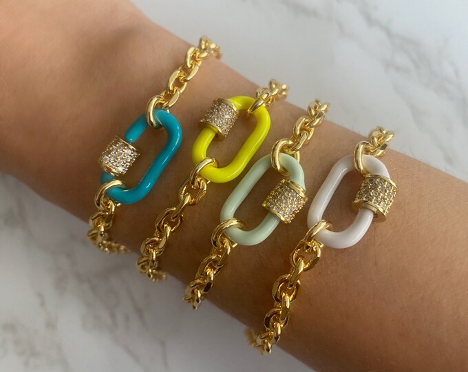 Mini Enamel Carabiner Charm Bracelet | Gold Link Chain Bracelet ...
