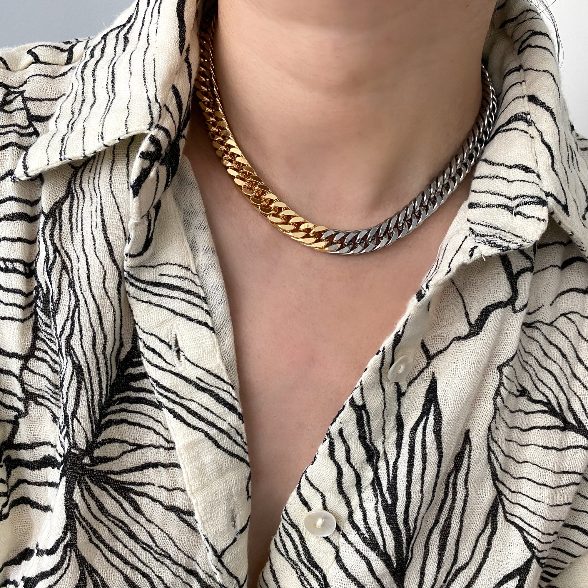 2 Tone Silver Gold Link Chain Necklace Chunky Gold Double - Etsy