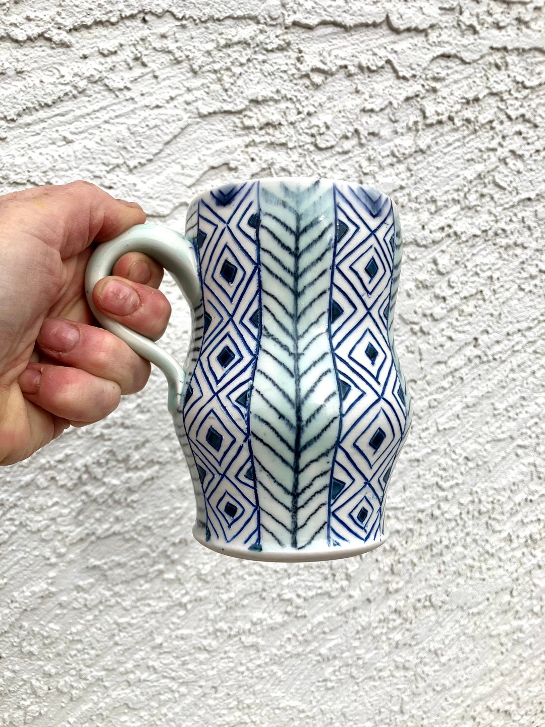 Porcelain Mug in Blue Inlaid Designs - Etsy