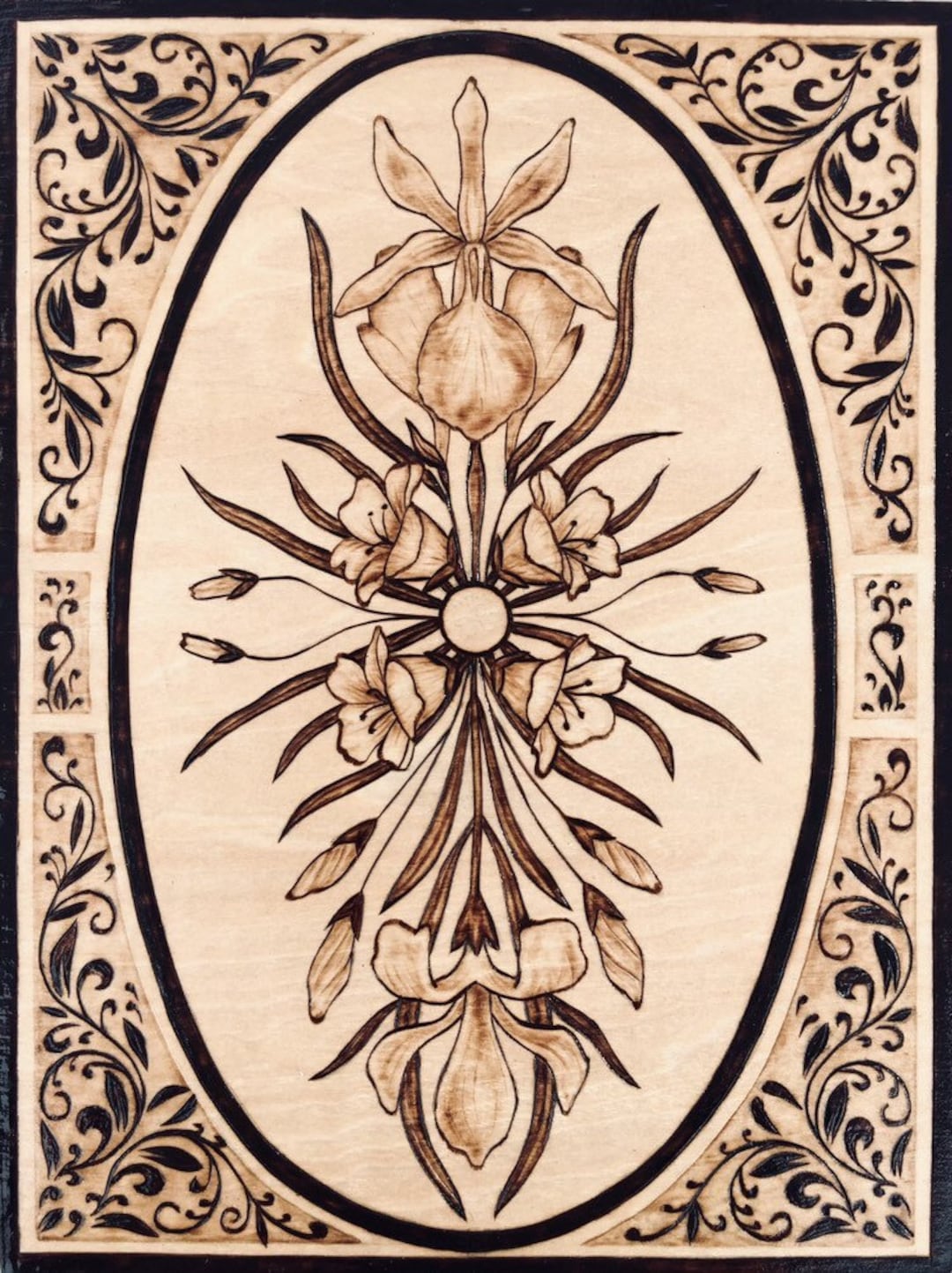 Iris Flower Art Print Wood Burning Art Nouveau Floral Wall Decor ...