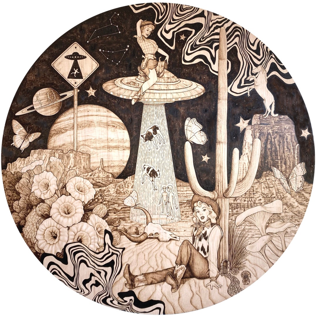 Cowgirls & Aliens Art Print Wall Hanging Trippy Psychedelic Whimsical ...