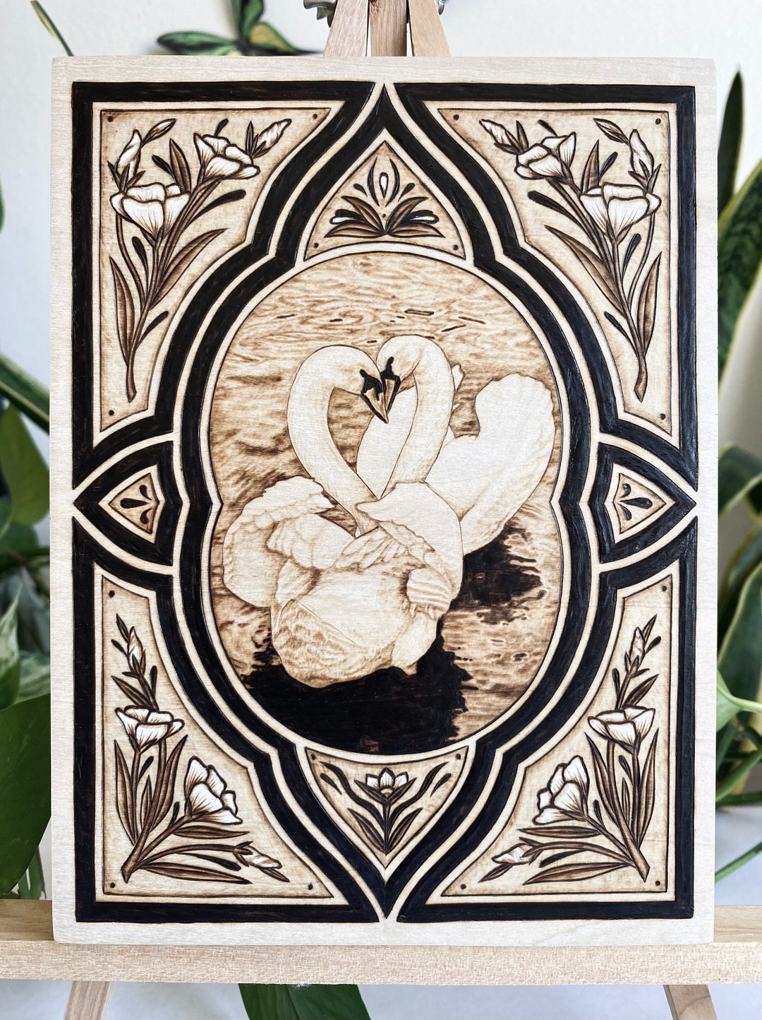 Wood Burned Pyrography Art Swan Design Wall Hanging Decor Gothic Fine ...