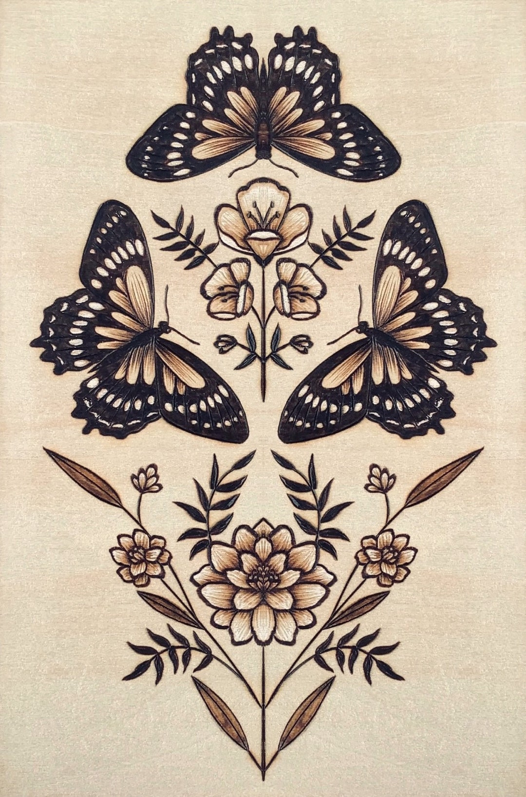Butterfly Floral Art Print Botanical Pyrography Butterfly Wall Art ...