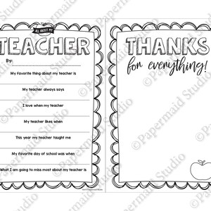 PRINTABLE All About My Teacher Thank You Card - End of Year Teacher ...