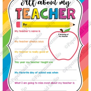 PRINTABLE All About My Teacher Thank You Card - End of Year Teacher ...