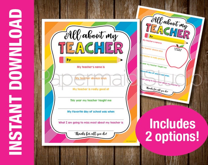 PRINTABLE All About My Teacher Thank You Card End of Year - Etsy