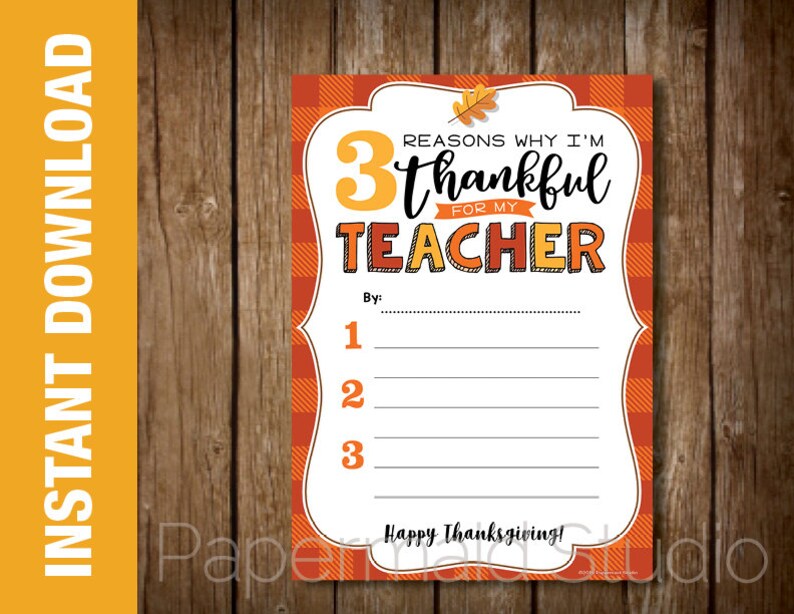 PRINTABLE Teacher Thanksgiving Card - School Teacher Fill-in-the-blank ...