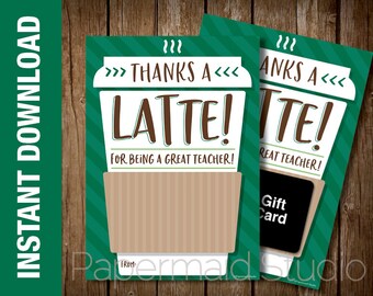 Printable Thanks a Latte Thank You Card Teacher Appreciation - Etsy