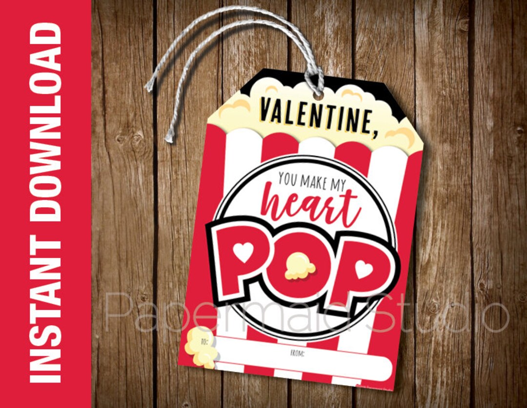 PRINTABLE Valentine Popcorn Hang Tag - Teacher Student Valentine Card ...