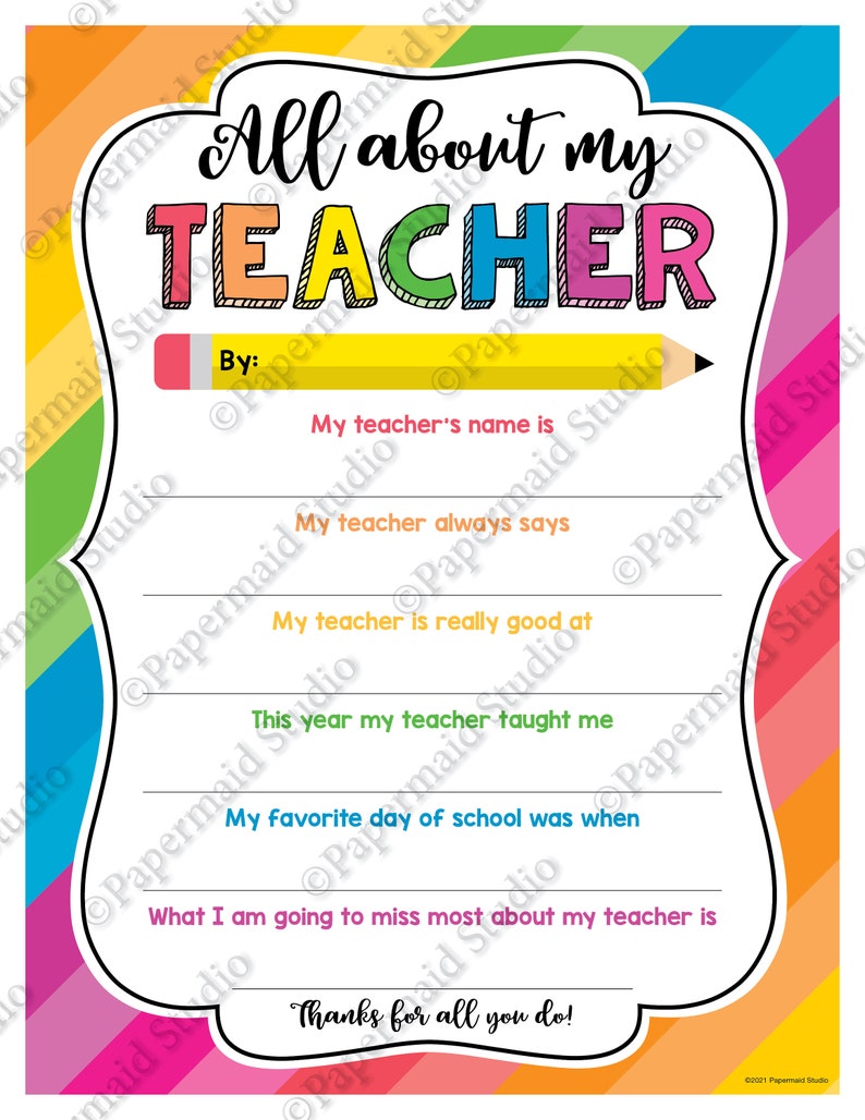 PRINTABLE All About My Teacher Thank You Card End of Year - Etsy