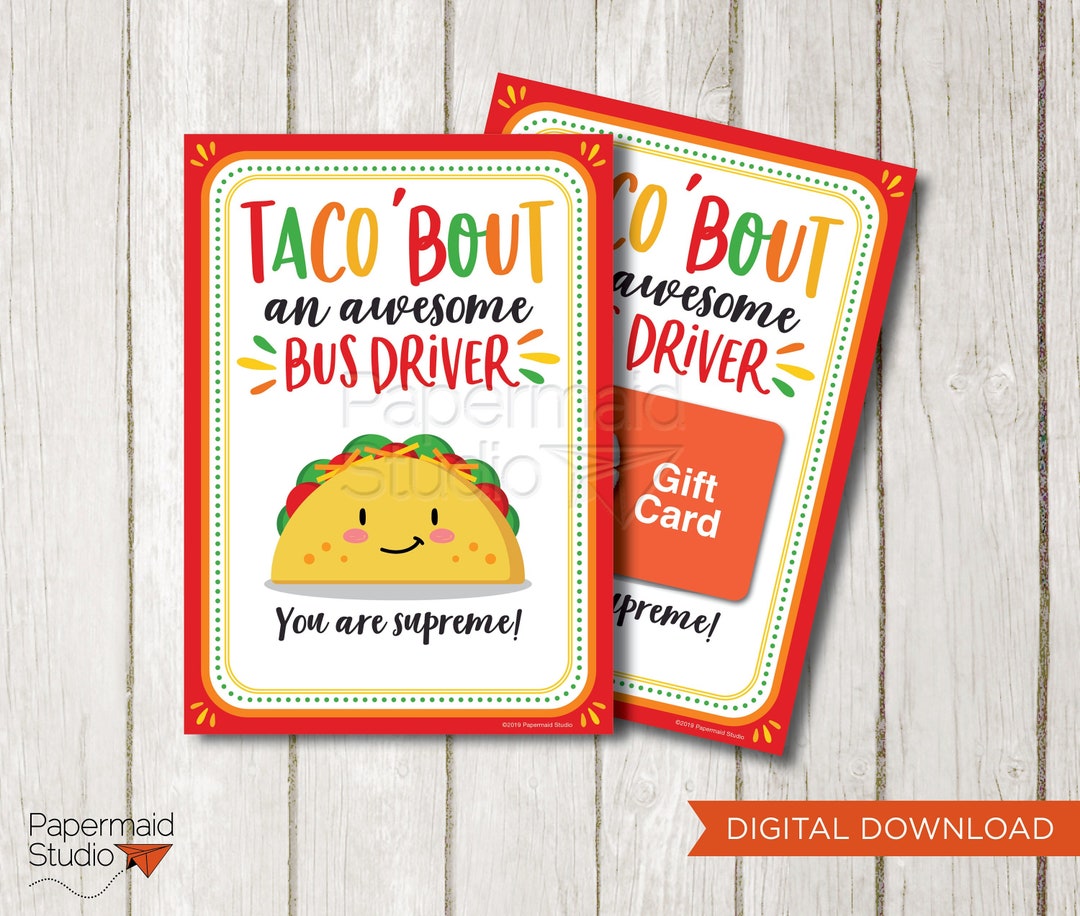 Bus Driver Thank You Card - Printable Taco Gift Card Holder - Bus ...