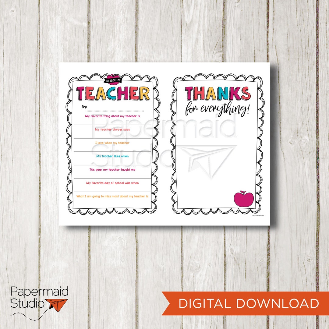 End of Year Teacher Card - All About My Teacher Printable - End of Year ...