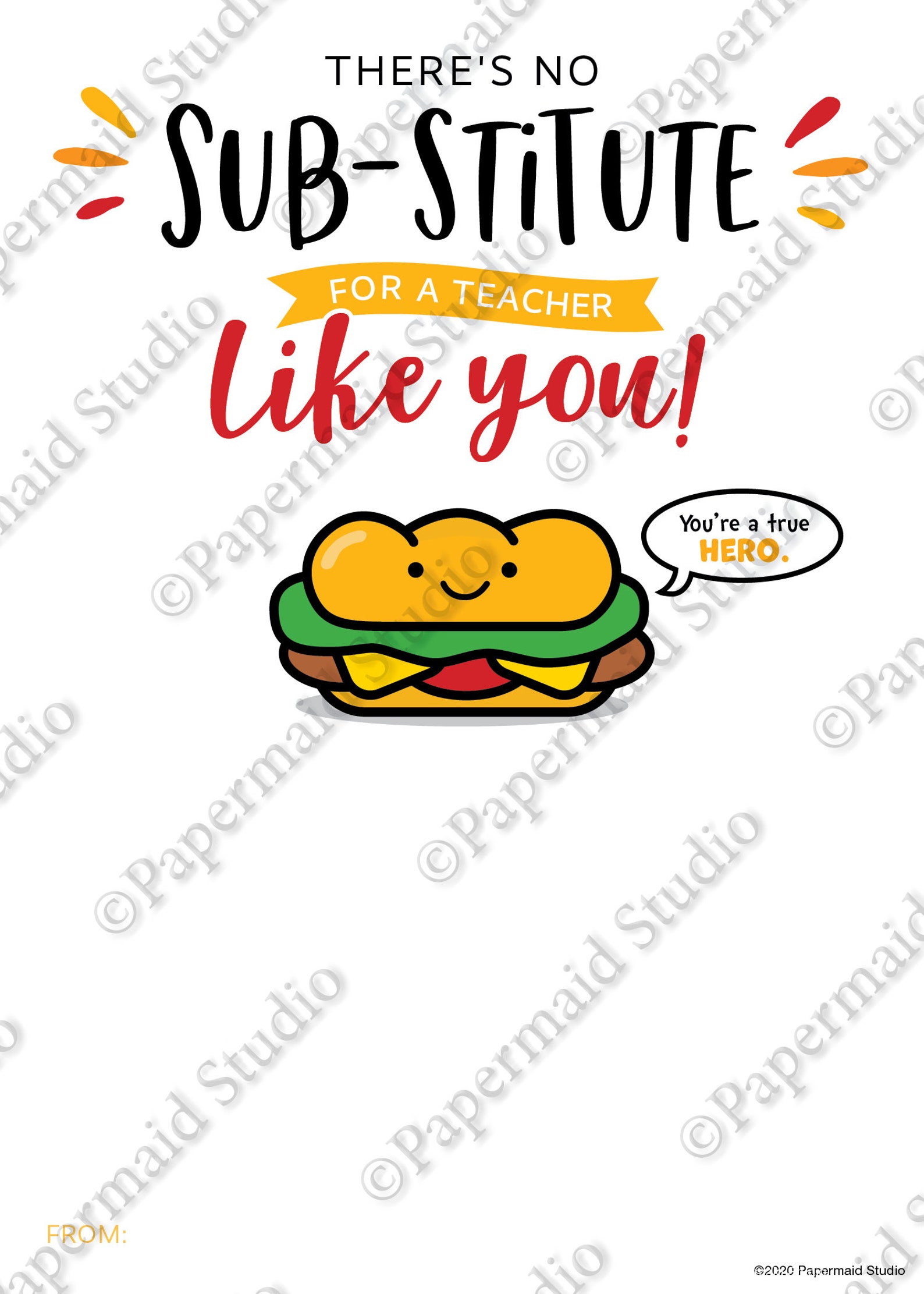 PRINTABLE Teacher Thank You Card - Sub Sandwich Gift Card Holder for ...