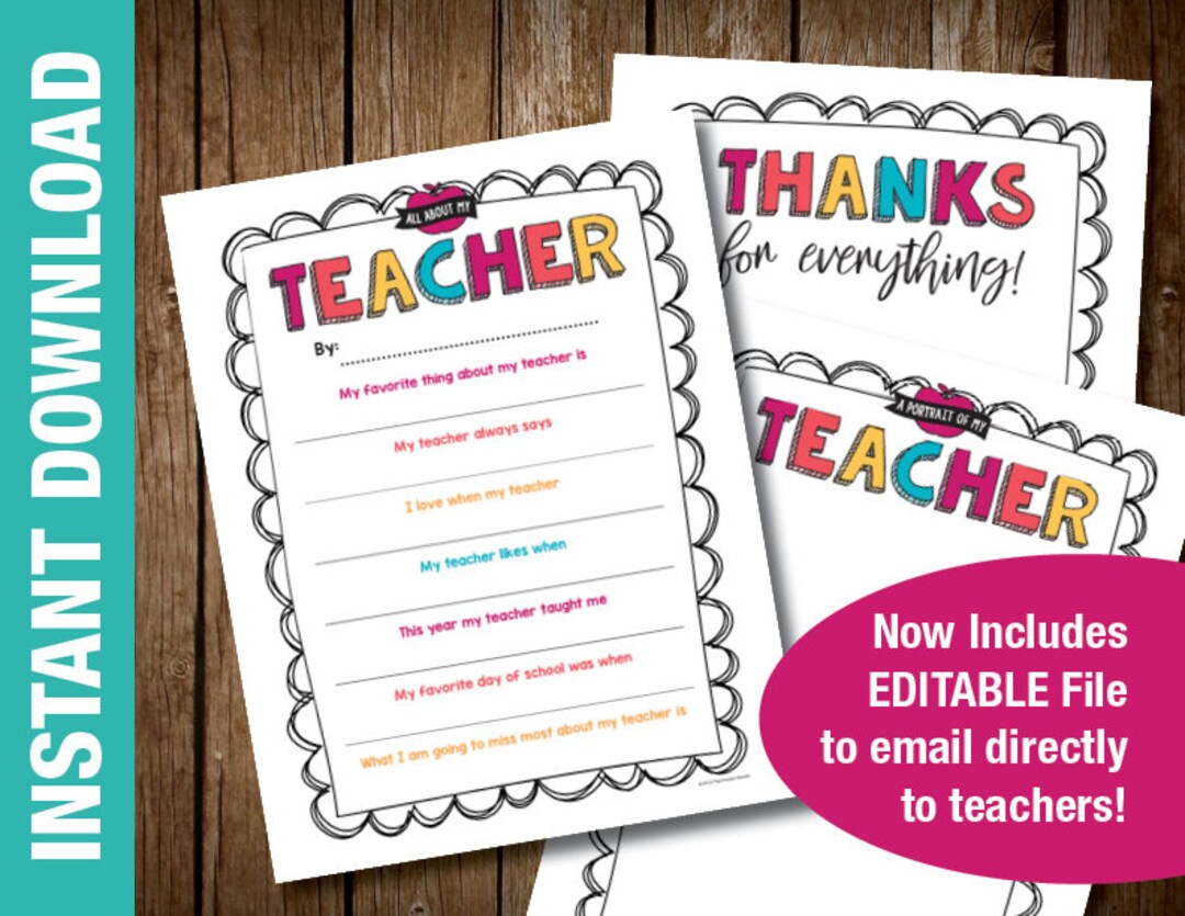 PRINTABLE All About My Teacher Thank You Card - End of Year Teacher ...
